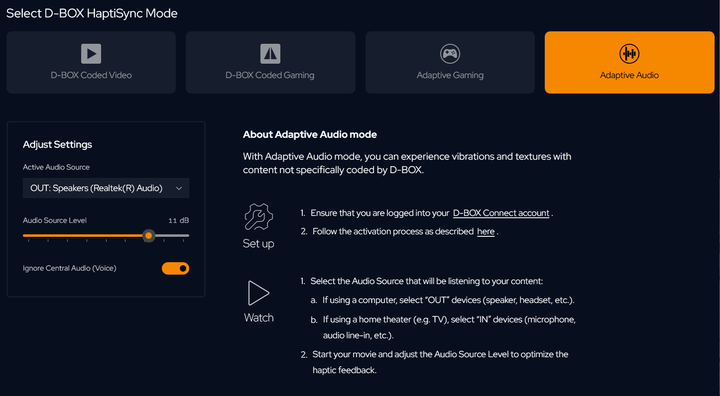 Adaptive Audio Mode (Computer & HaptiSync Center)
