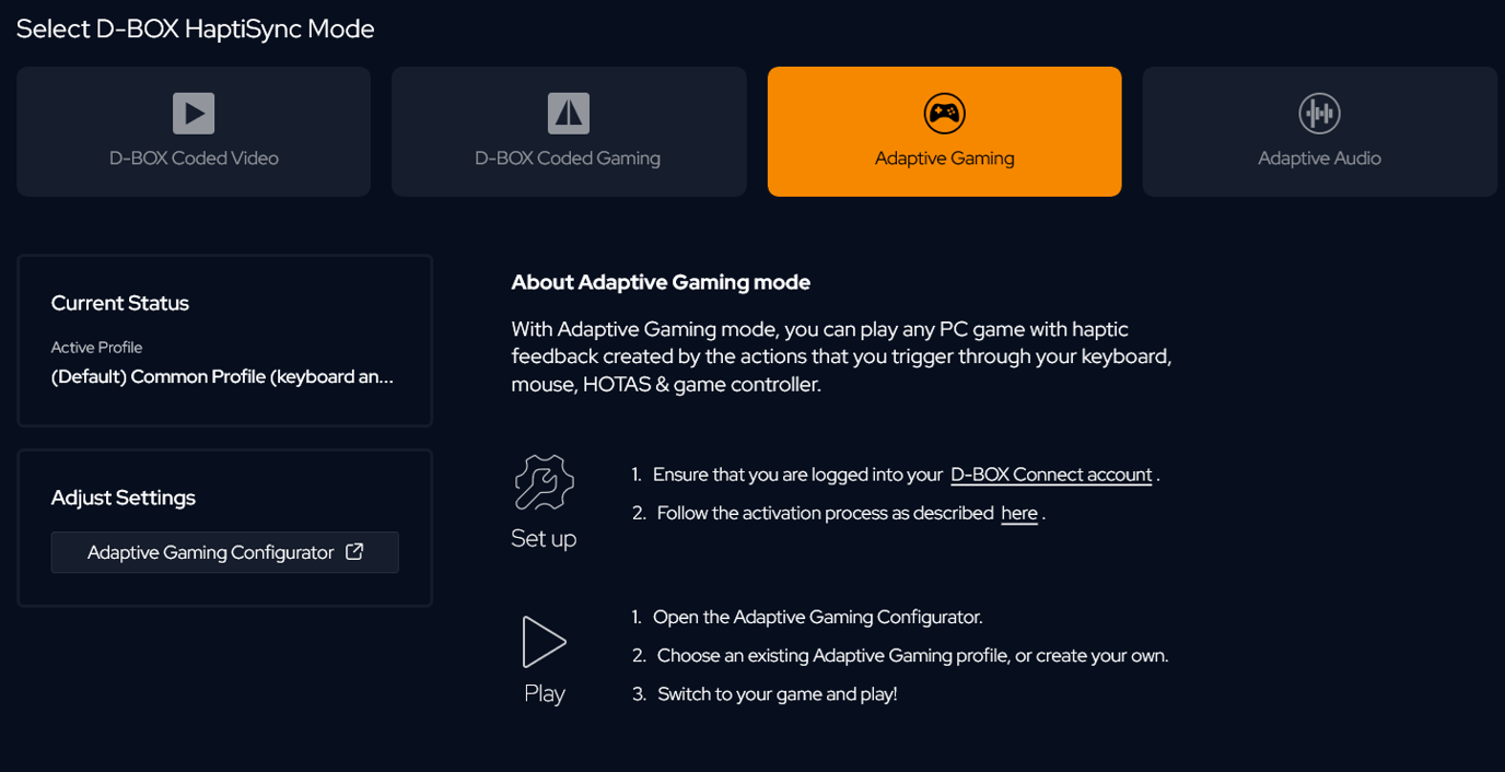 Adaptive Gaming Mode (from the HaptiSync Center)
